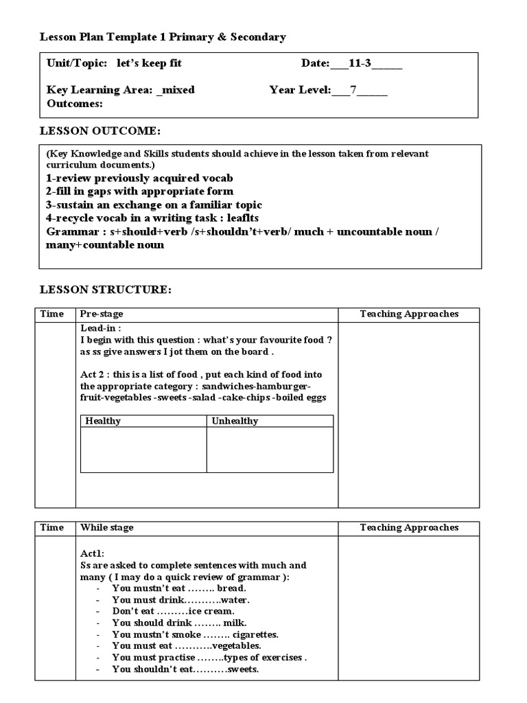 Ins Lesson Plan Template 1 Primary Secondary Pdf
