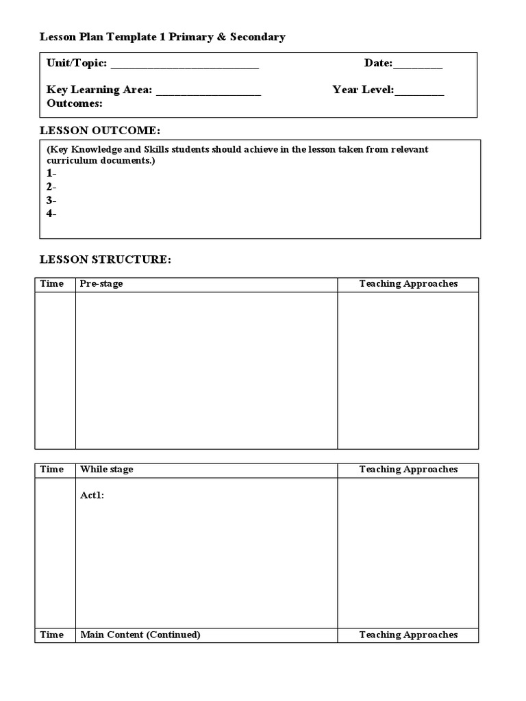Lesson Plan Template 1 Primary & Secondary Unit/Topic: - Date: - Key ...