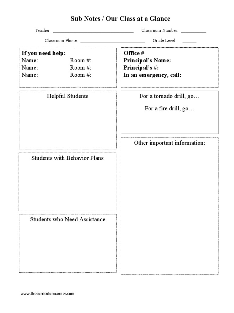 Sub Notes / Our Class at A Glance: Office # Principal's Name: Principal ...