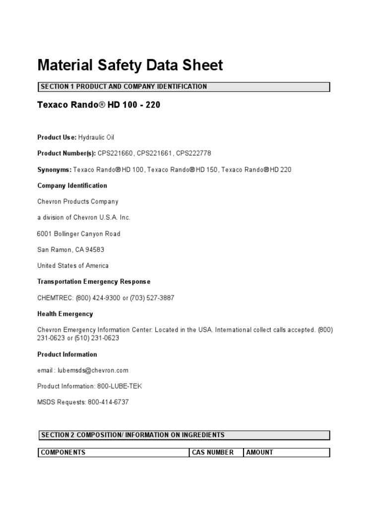 Material Safety Data Sheet: Texaco Rando® HD 100 - 220 | Download Free ...