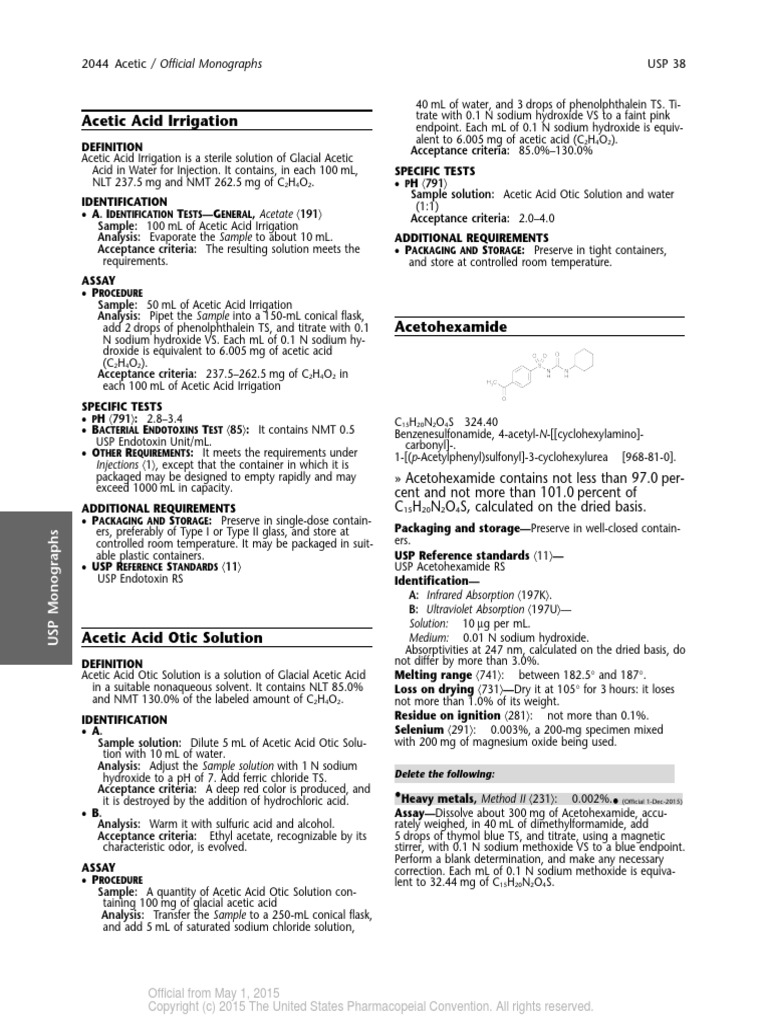 Acetic Acid Irrigation: 2044 Acetic / Official Monographs USP 38 | PDF ...