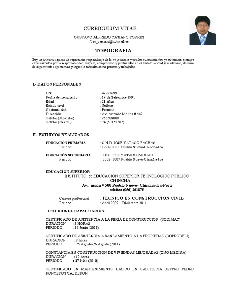 CV de Tecnico en Construccion Docx Topografo | PDF | Educación avanzada | Enseñando y aprendiendo