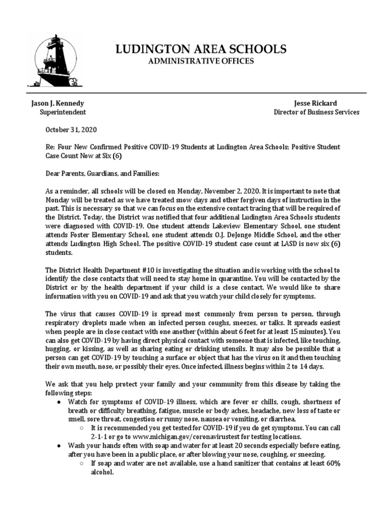 Letter To Parents - Covid-19 Positive Case October 31 2020 | PDF ...