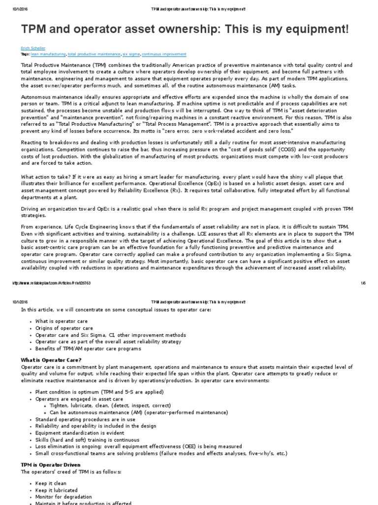 TPM and Operator Asset Ownership - This Is My Equipment! | PDF ...