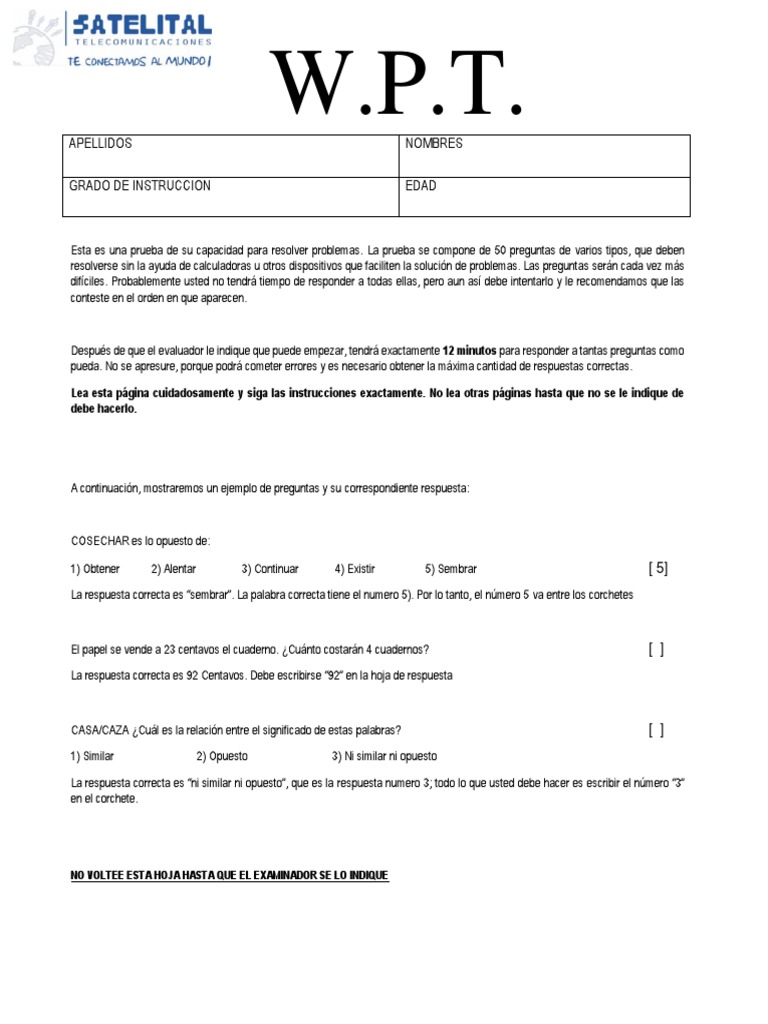 Instrucciones para el Test W.P.T. | PDF | Artes del Lenguaje y Comunicación