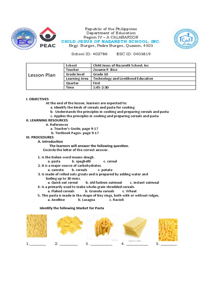 Lesson Plan: Child Jesus of Nazareth School, Inc | PDF | Oatmeal | Pasta