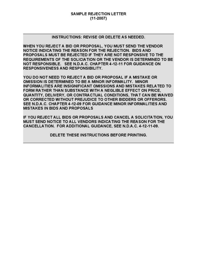 Sample Bid-Proposal Rejection Letter Nov 2007 | Business