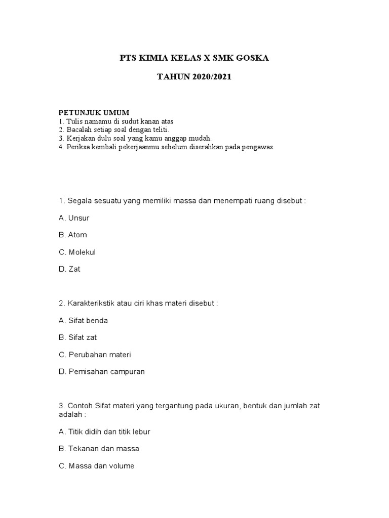 Soal PTS Kimia Kelas X SMK Goska | PDF | Teknologi & Rekayasa