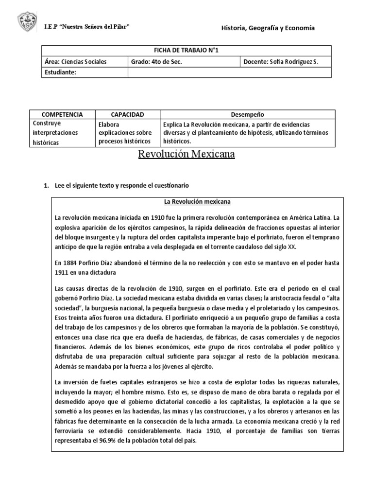 Ficha de Trabajo - Revolución Mexicana | PDF | revolución mejicana | México