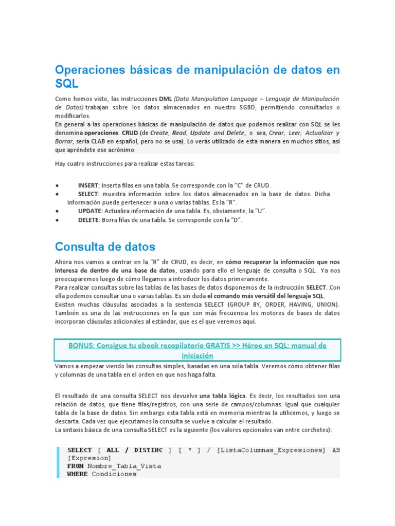 Operaciones Básicas de Manipulación de Datos en SQL | PDF | SQL ...