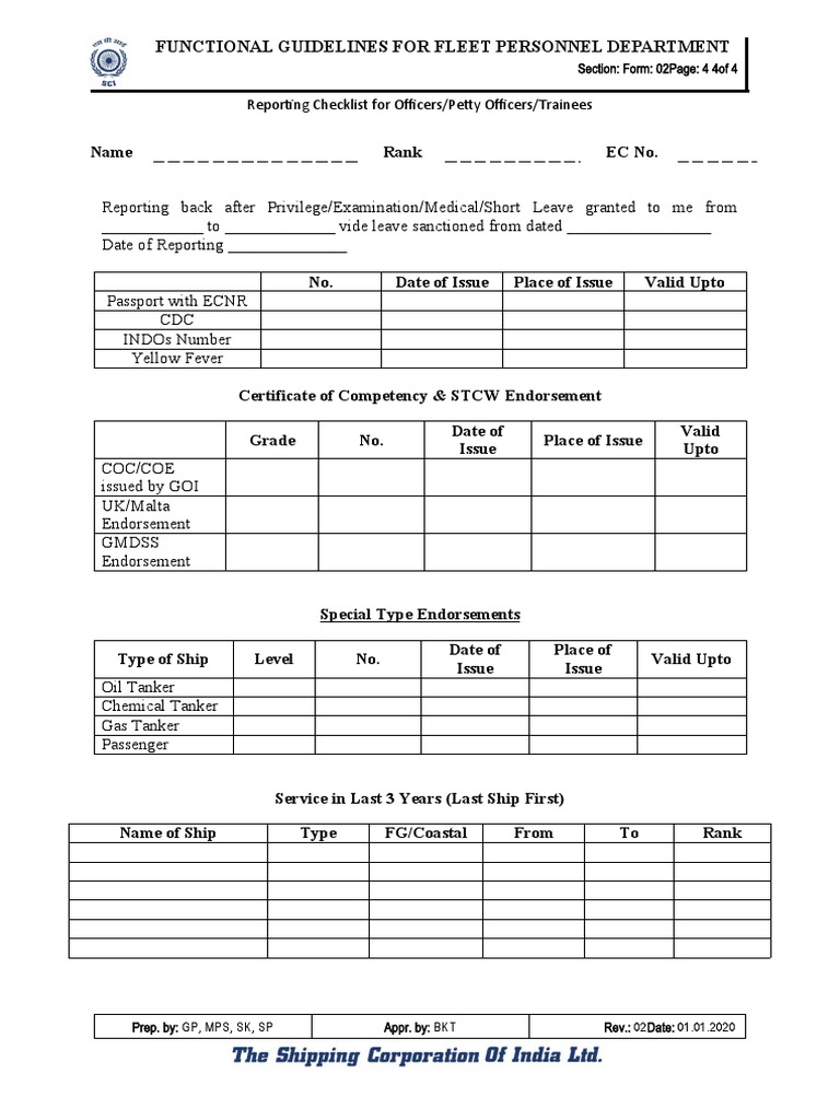 Reporting Checklist For Officers/Petty Officers/Trainees: Section: Form ...