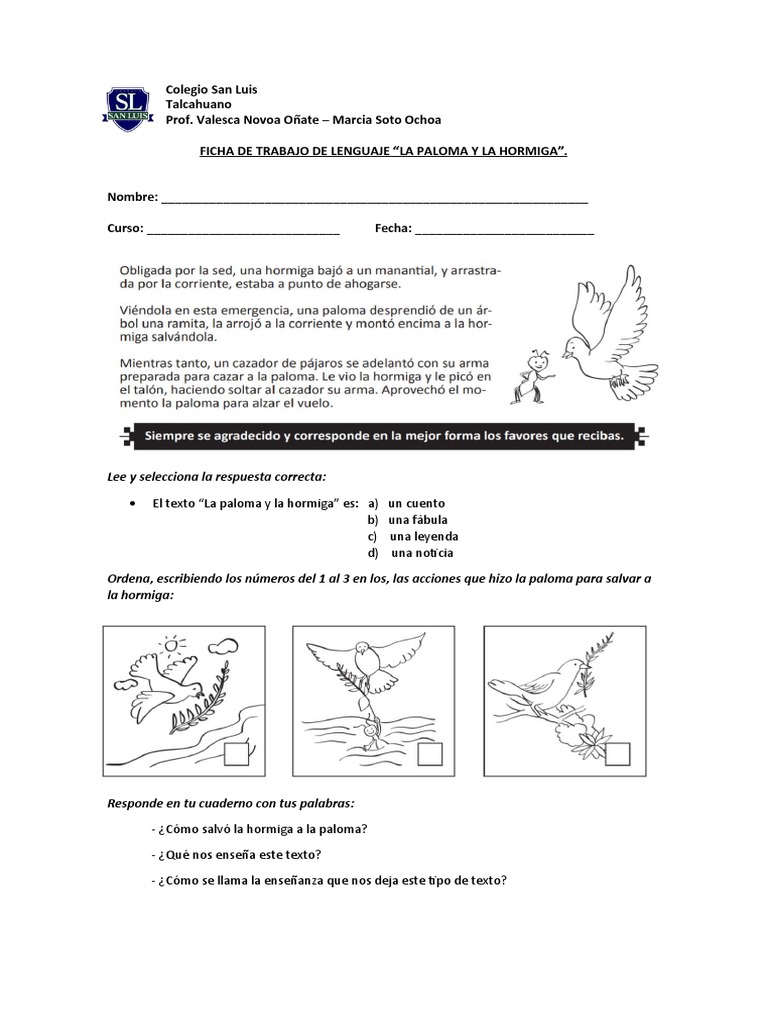 Actividades sobre "La Paloma y la Hormiga" | PDF