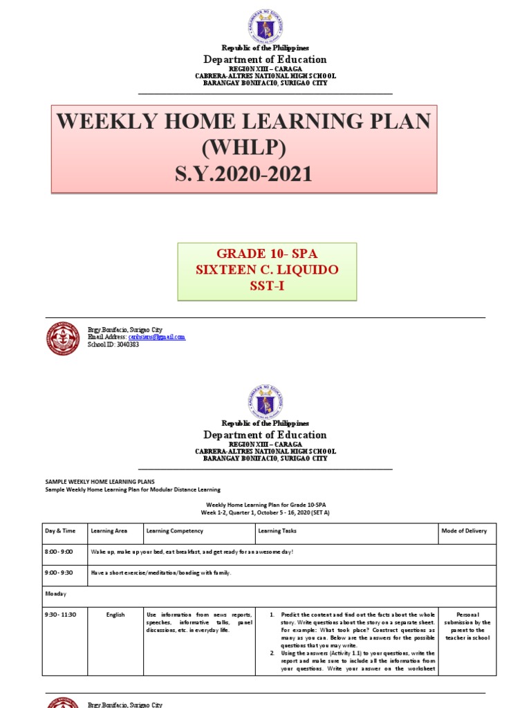 Weekly Home Learning Plan | PDF | Learning | Cognition