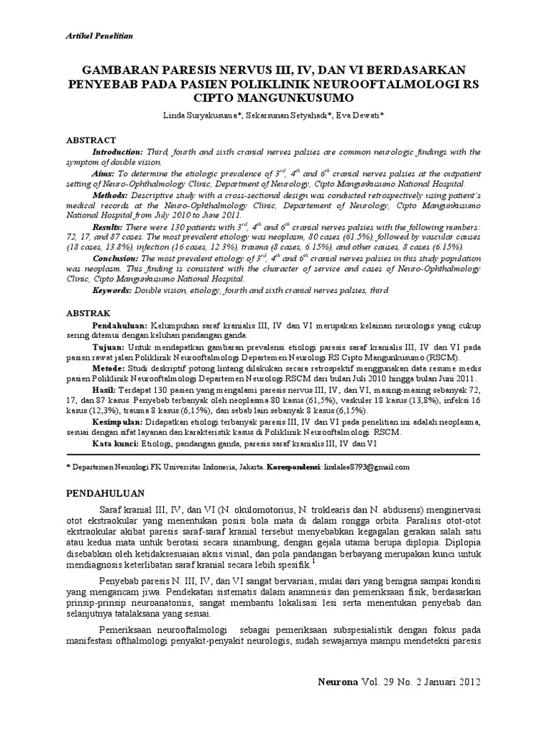 Gambaran Paresis Nervus Iii, Iv, Dan Vi Berdasarkan Penyebab Pada Pasien Poliklinik ...