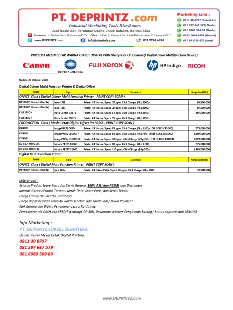 Daftar Harga PRINTER LASER WARNA MESIN CETAK DIGITAL OOFSET PREPRESS ...