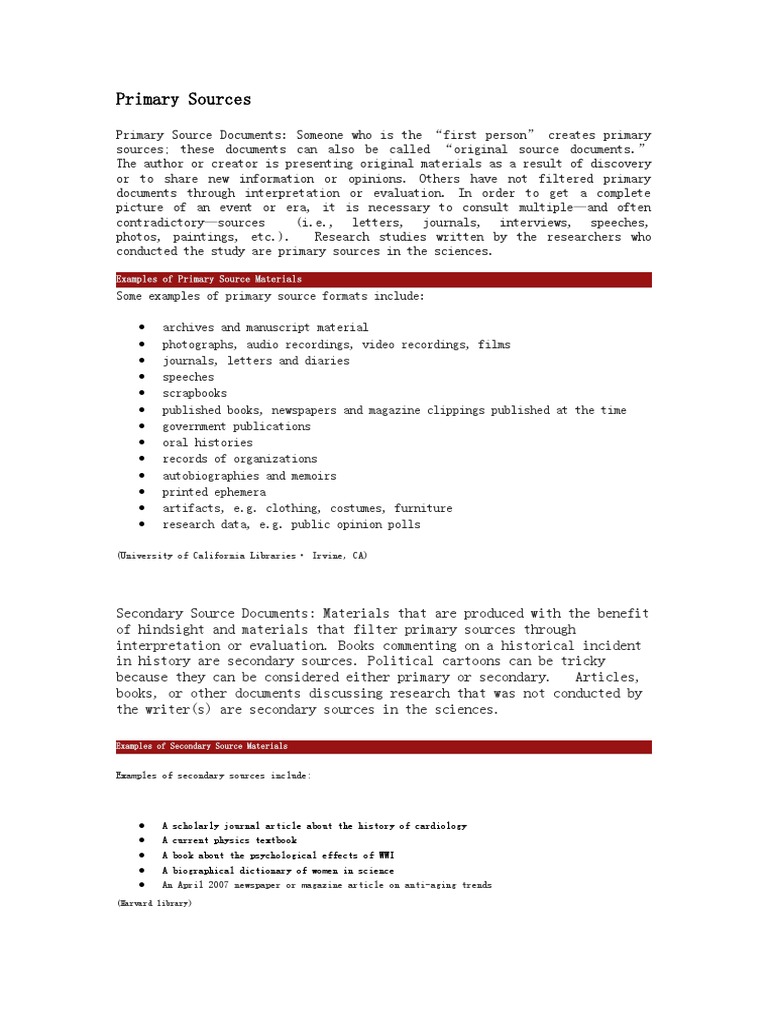 Primary Sources: Examples of Primary Source Materials | PDF | History