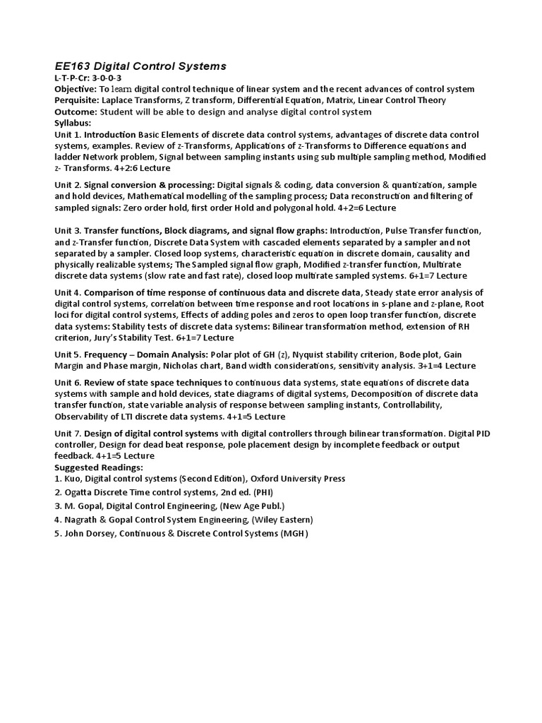 EE163 Digital Control Systems | PDF | Control Theory | Systems Science