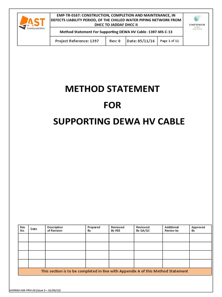 DEWA HV Cable Installation Method Statement | PDF | Excavation ...