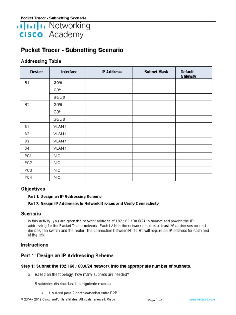 Packet Tracer - Subnetting Scenario: Addressing Table | PDF | Ip Address | Network Architecture