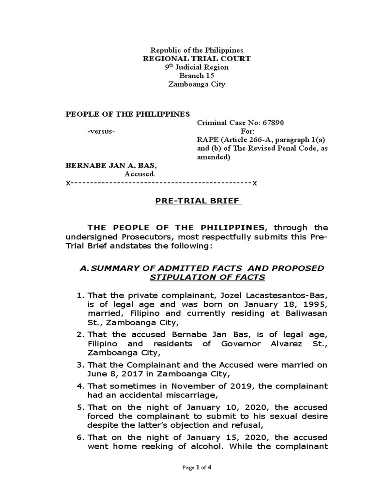 Regional Trial Court: A. Summary of Admitted Facts and Proposed ...