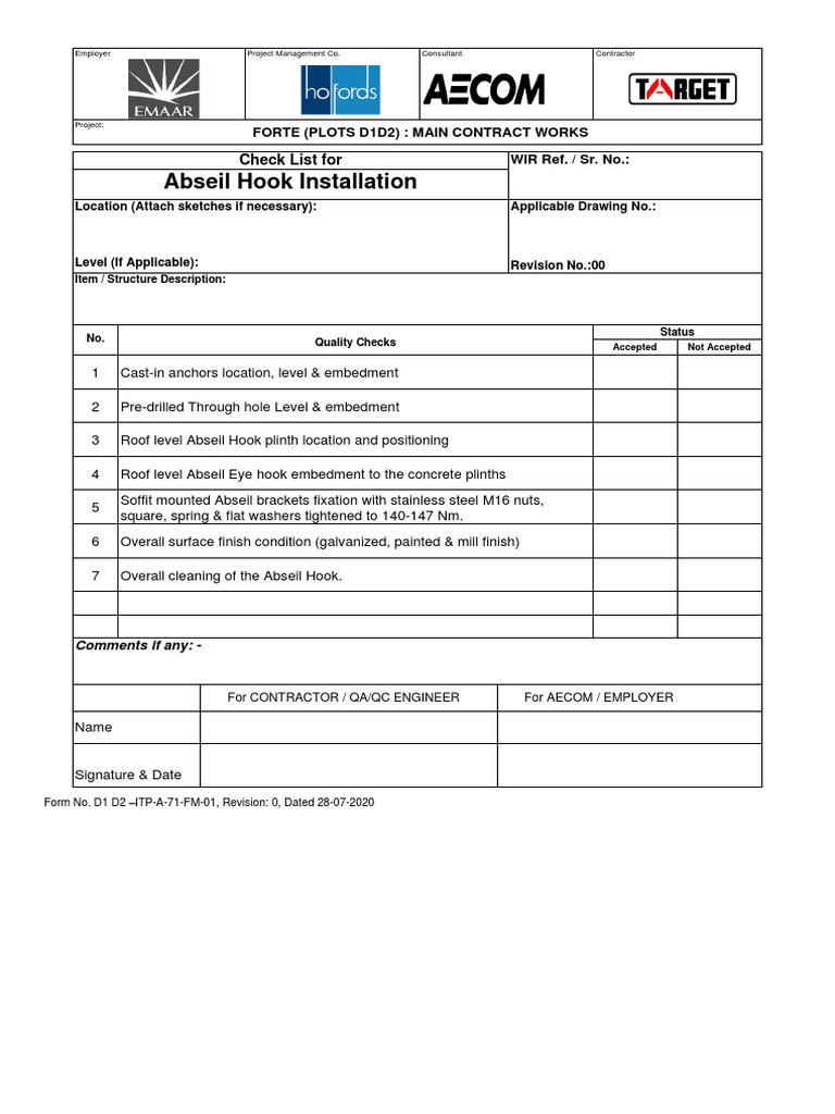 Abseil Hook Installation: Check List For | PDF