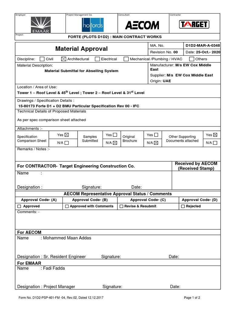 Material Approval & Specification Comparison Sheet | PDF ...