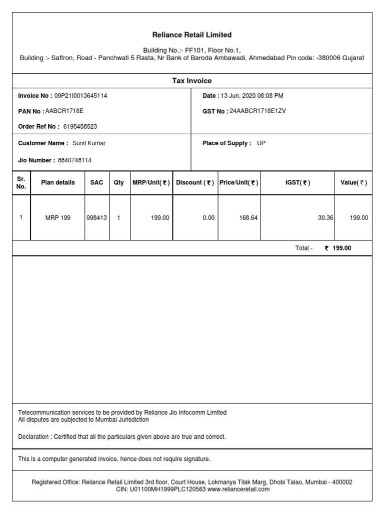 Reliance Retail Tax Invoice Details | PDF