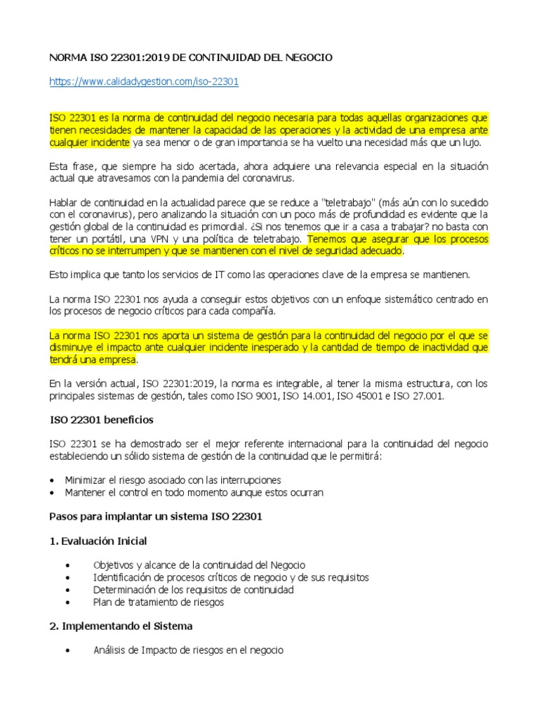 Objetivos y Contenido de La Norma Norma Iso 22301-2019 | PDF | Evaluación del ciclo de vida ...