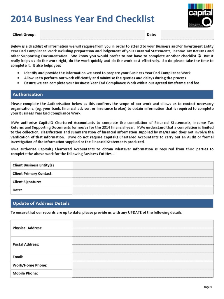2014 Business Year End Checklist: Authorisation | PDF | Credit ...