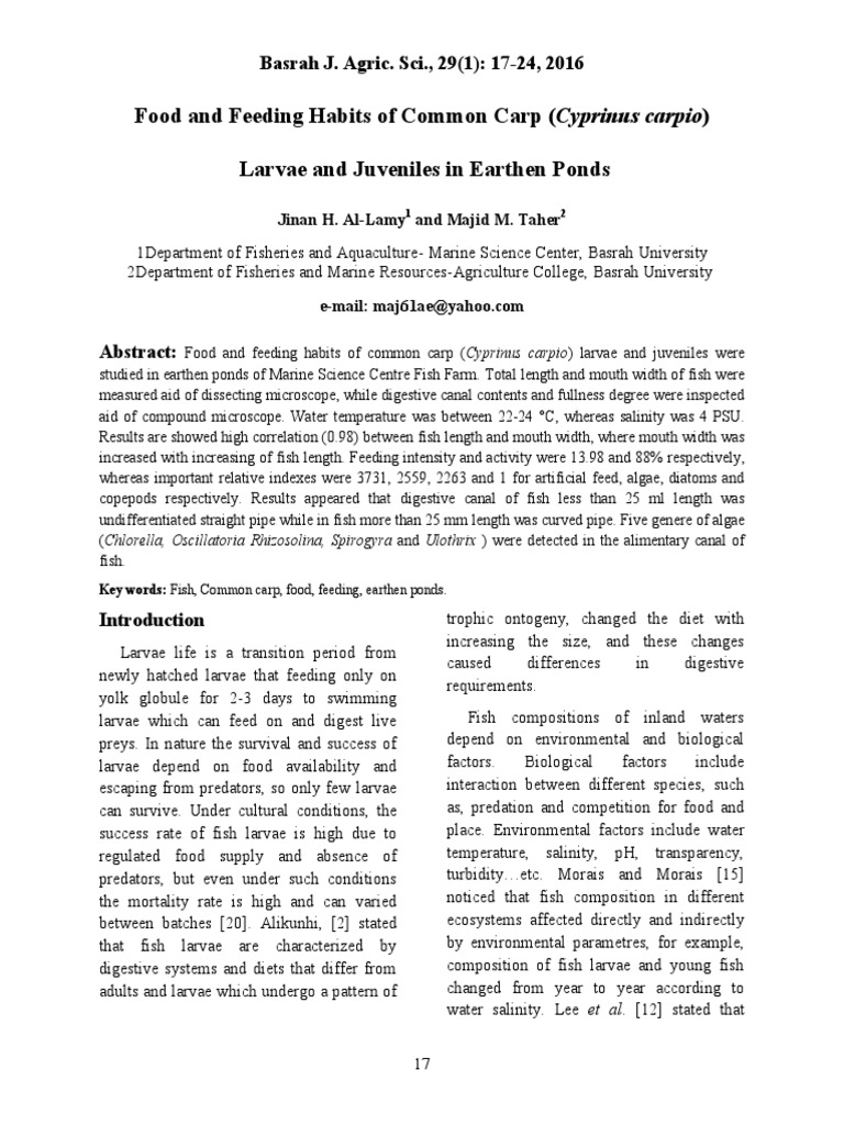 Food and Feeding Habits of Common Carp (Cyprinus Carpio) Larvae and ...