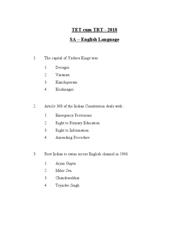 TET Cum TRT - 2018 SA - English Language | PDF | Adverb | Part Of Speech