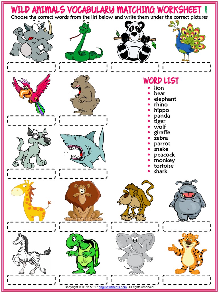 Wild Animals Vocabulary Esl Matching Exercise Worksheets PDF | PDF | Nature