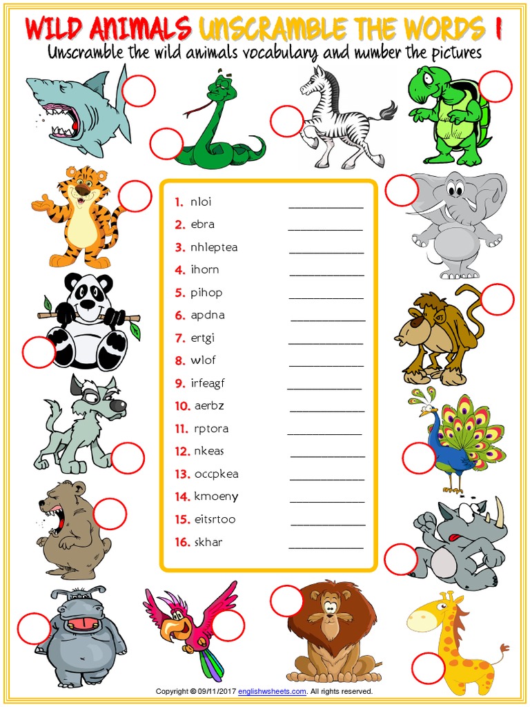 Wild Animals Vocabulary Esl Unscramble The Words Worksheets PDF | PDF ...