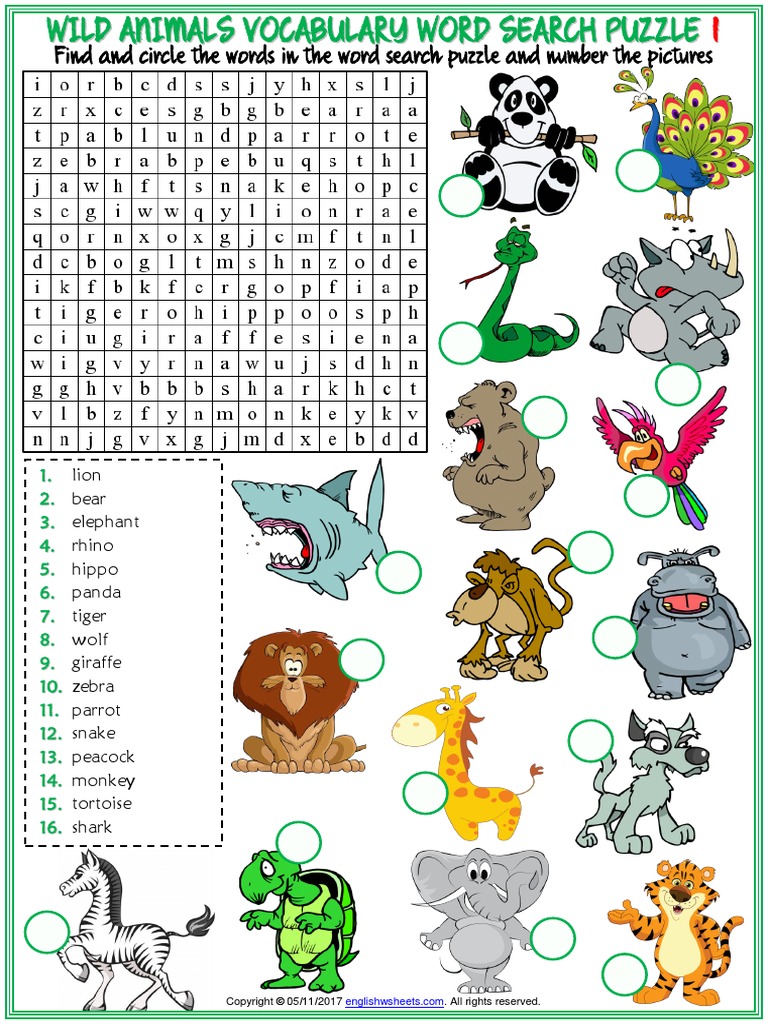 Wild Animals Vocabulary Esl Word Search Puzzle Worksheets PDF | PDF ...