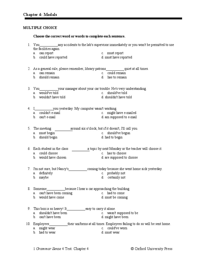 Chapter 4: Modals: Multiple Choice Choose The Correct Word or Words To ...