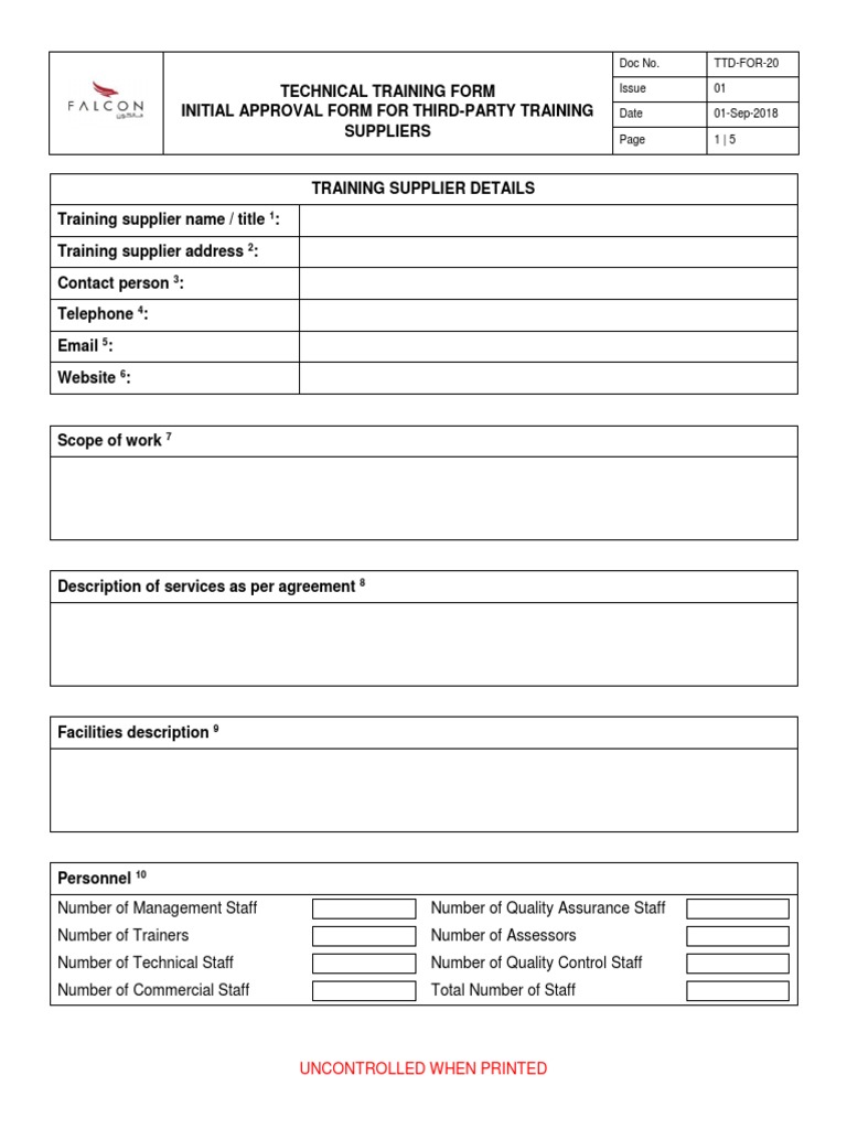 Ttd-For-20 Initial Approval Form For Third-Party Training Suppliers PDF ...