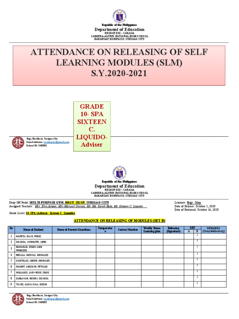 Attendance On Releasing of Self Learning Modules (SLM) S.Y.2020-2021 ...