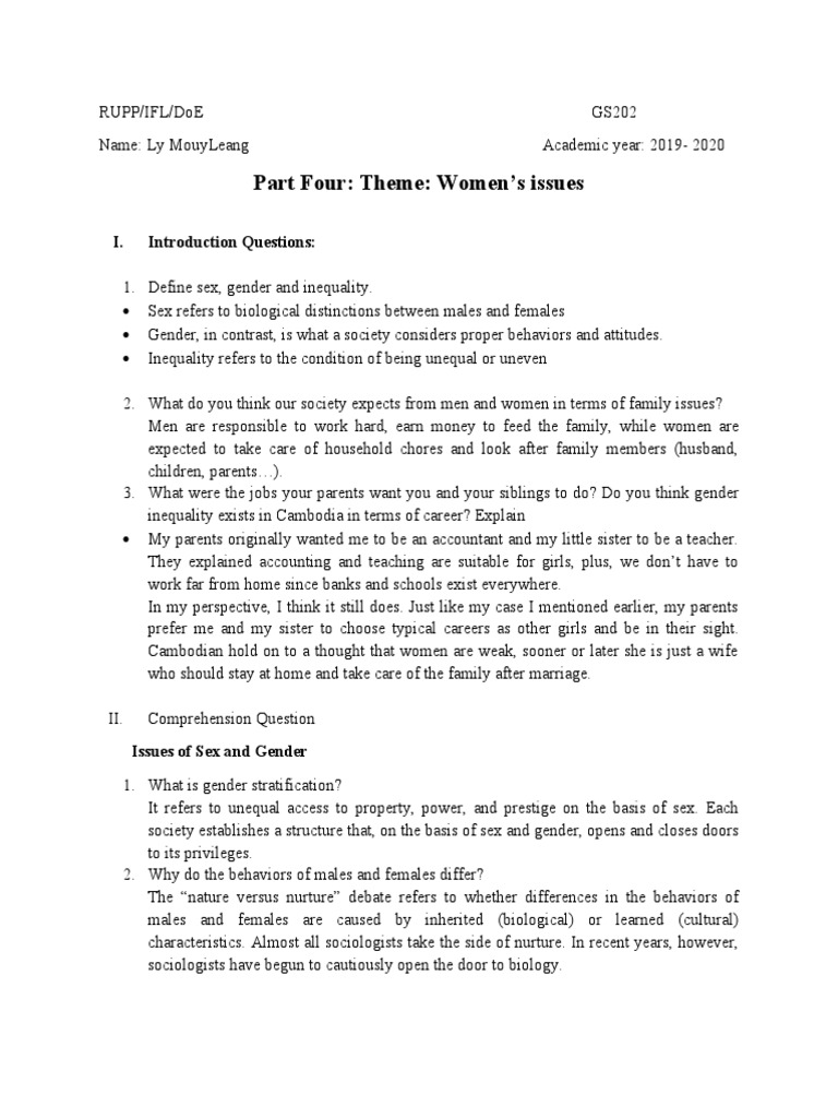 Part Four: Theme: Women's Issues: I. Introduction Questions | PDF ...