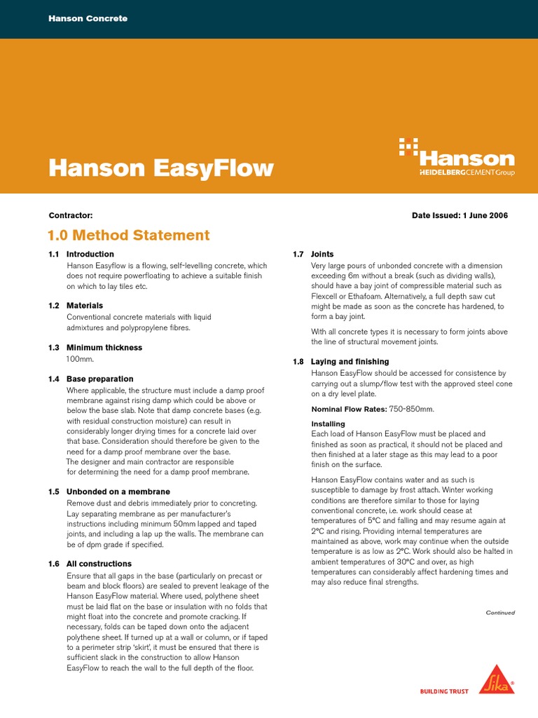 Hanson Easyflow: 1.0 Method Statement | PDF | Concrete | Structural ...