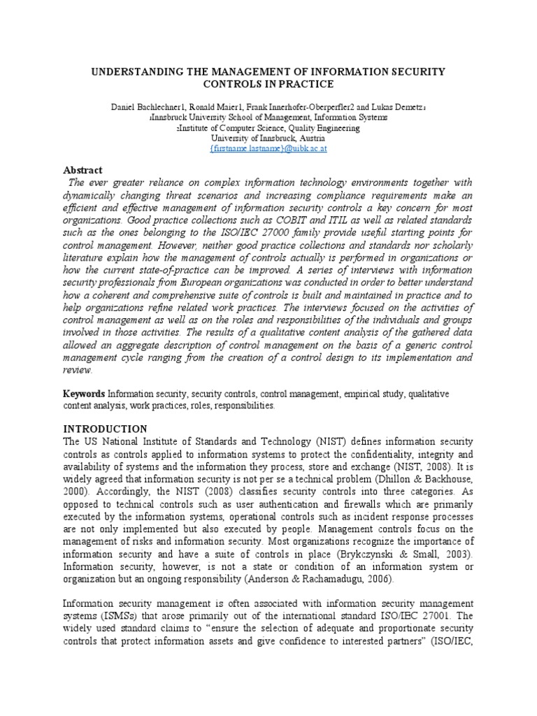 UNDERSTANDING THE MANAGEMENT OF INFORMATION SECURITY CONTROLS IN ...