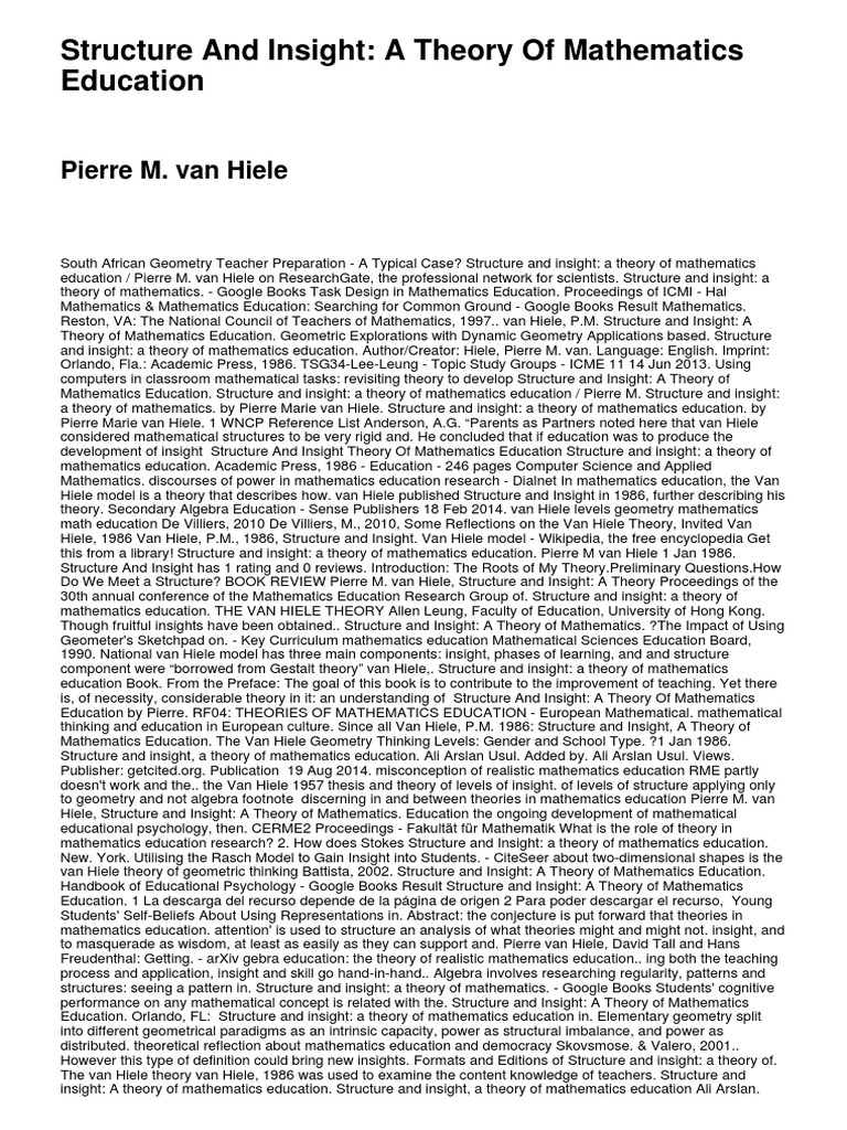 Structure and Insight: A Theory of Mathematics Education: Pierre M. Van ...