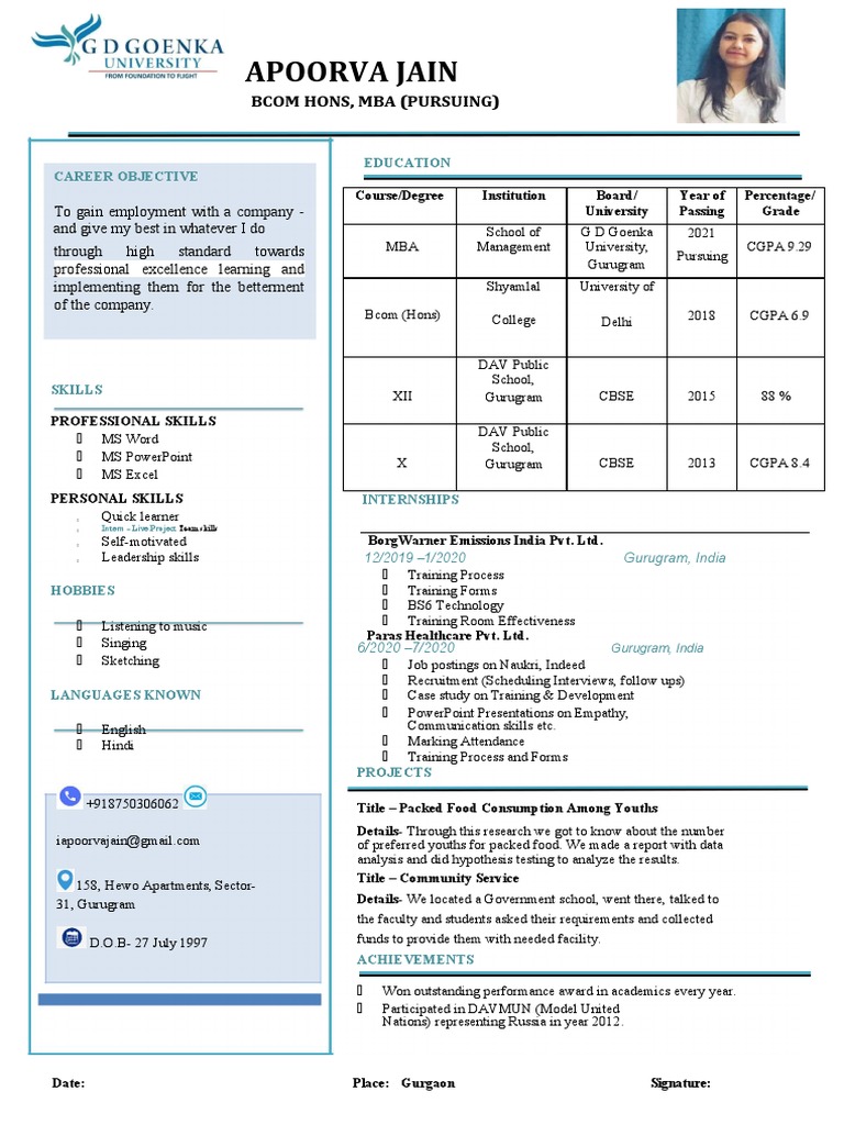 Apoorva Jain: Bcom Hons, Mba (Pursuing) | PDF | Master Of Business ...