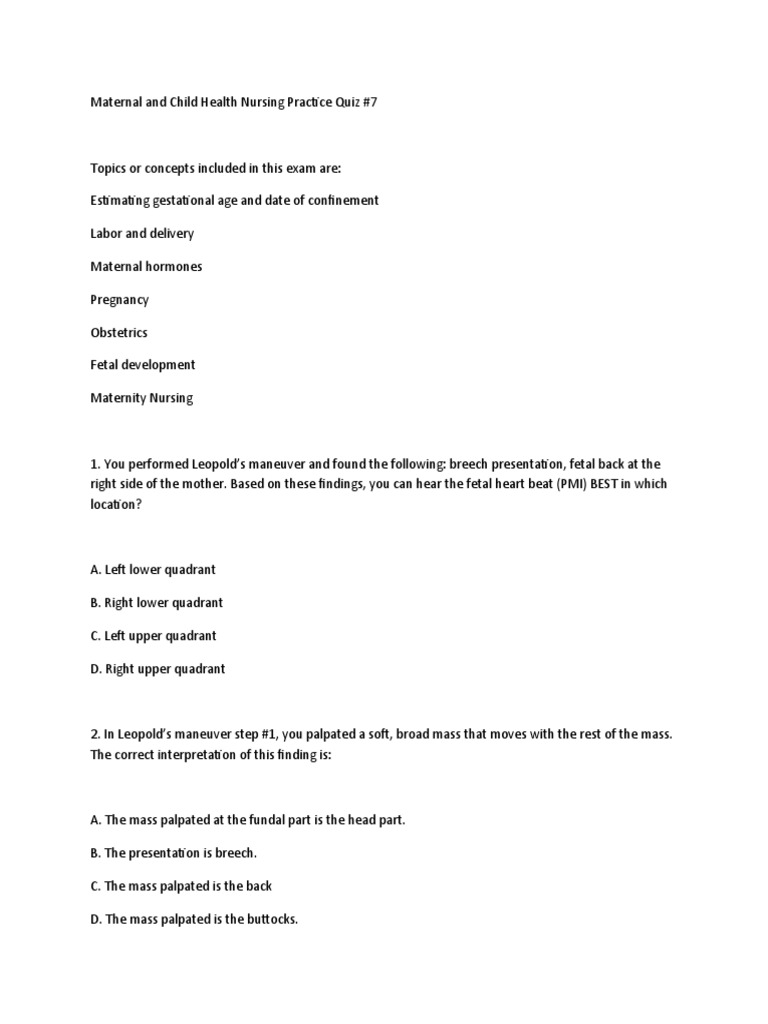 Maternal and Child Health Nursing Practice Quiz #7: Assessing Knowledge ...