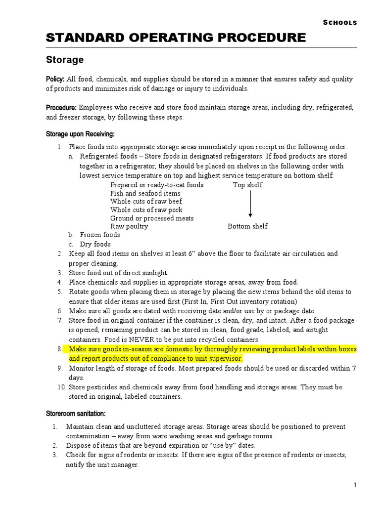 Standard Operating Procedure: Storage | PDF | Refrigerator | Foods