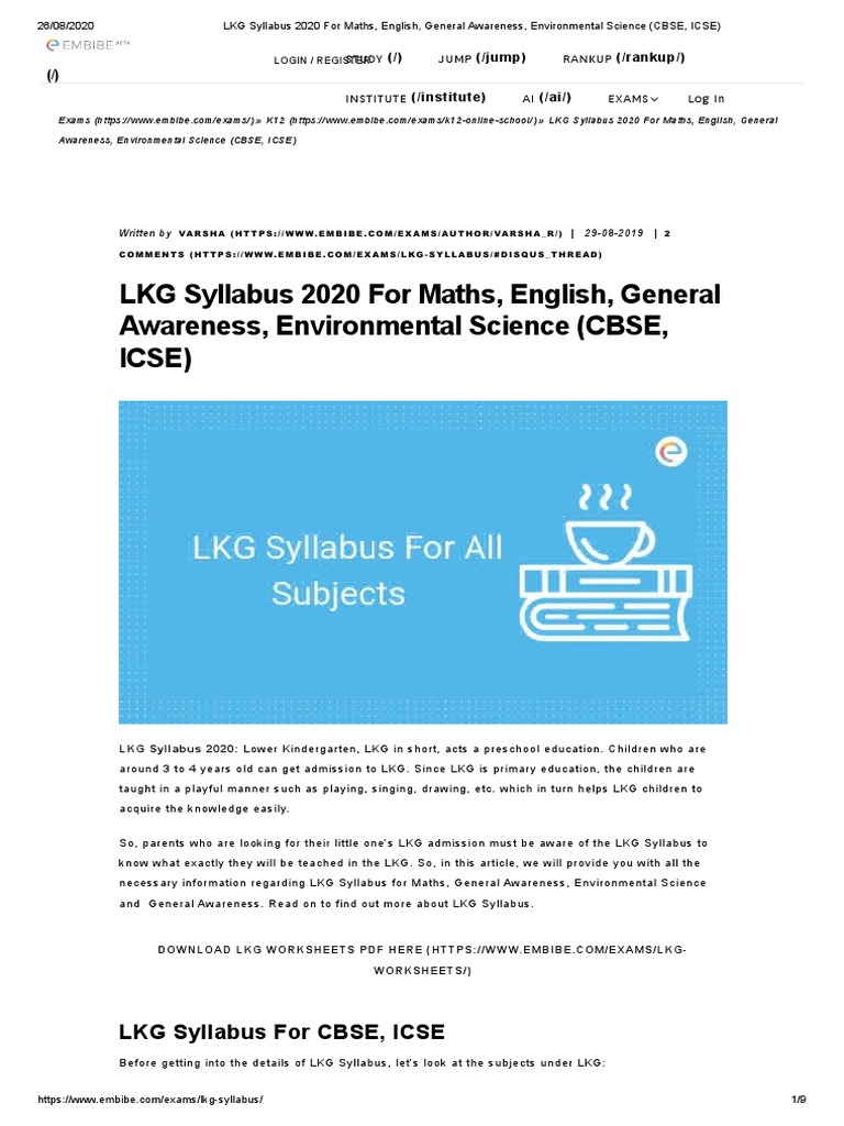 LKG Syllabus 2020 For Maths, English, General Awareness, Environmental ...
