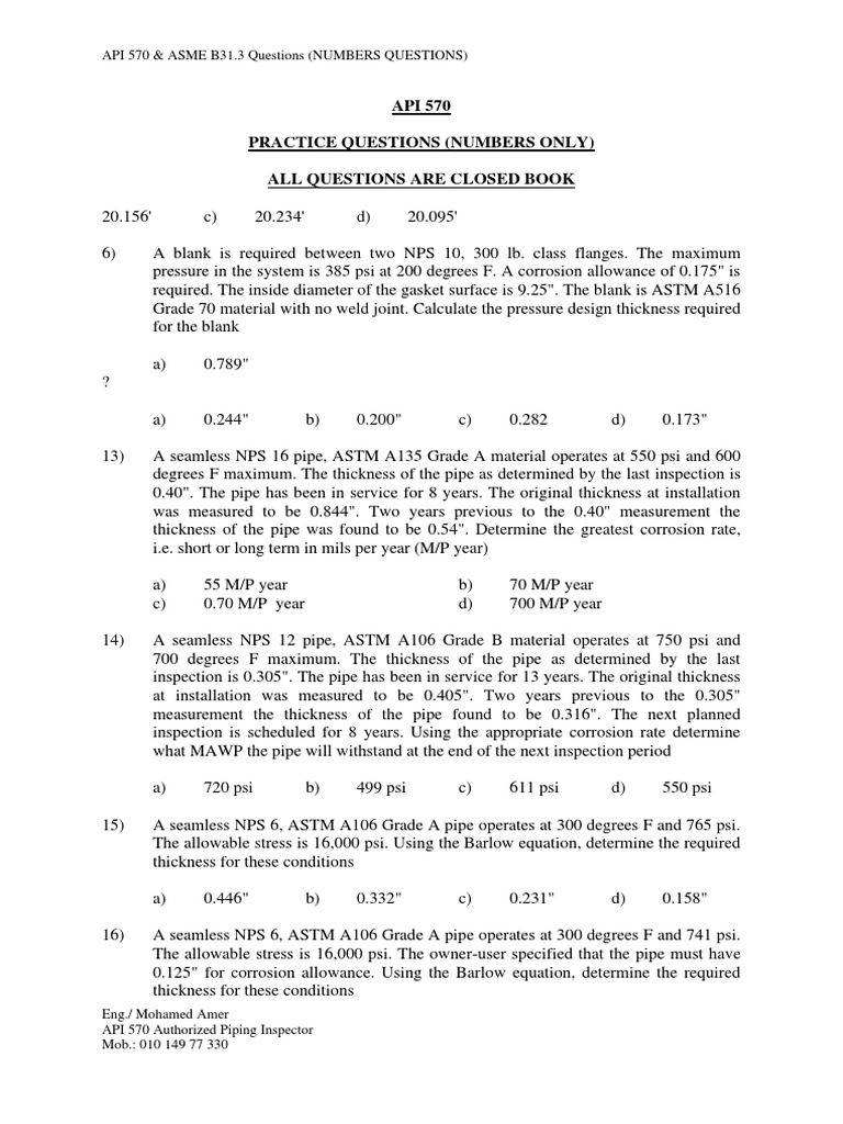 API 570 Practice Questions (Numbers Only) All Questions Are Closed Book | PDF | Pipe (Fluid ...