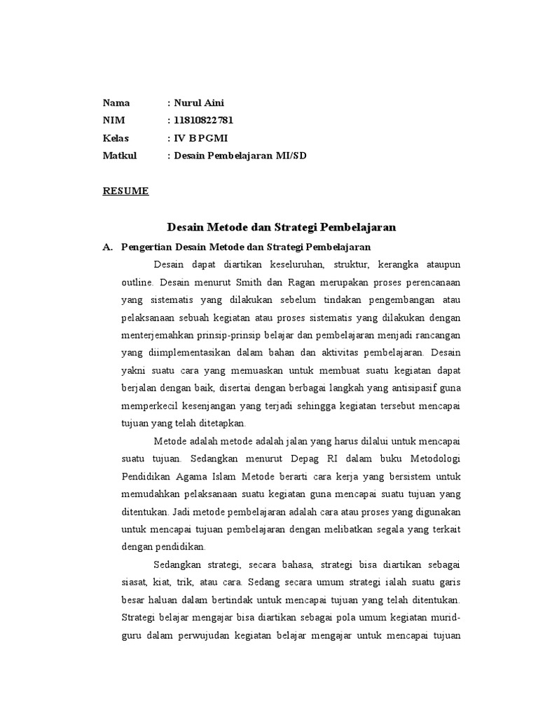 RESUME NURUL AINI (Desain Metode Dan Strategi Pembelajran) | PDF