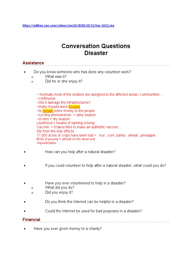Conversation Questions Disaster: Assistance | PDF | Natural Disasters ...