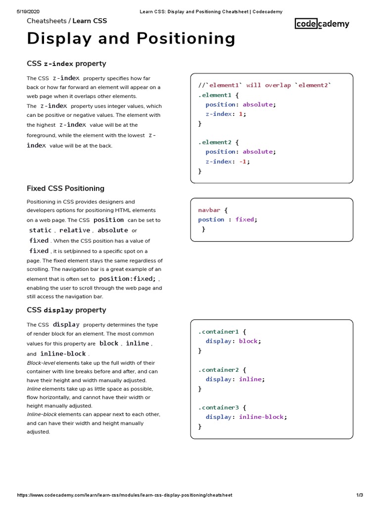 Display and Positioning Cheatsheet | PDF | Cascading Style Sheets | Html Element