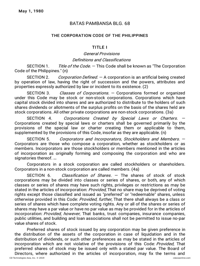 BP 68 - Corporation - Code - of - The - Philippines | PDF ...